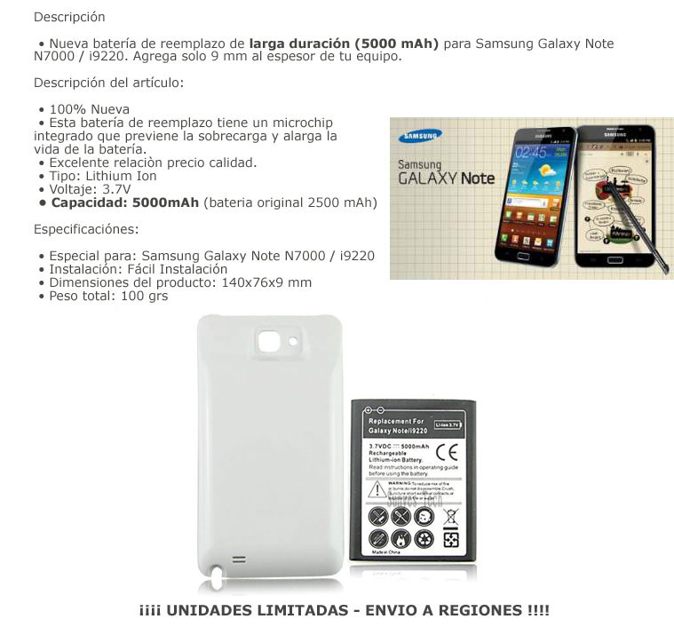 Bateria Alternativa Doble Duración Galaxy 5000mah Note 1 N7000 Blanca ...